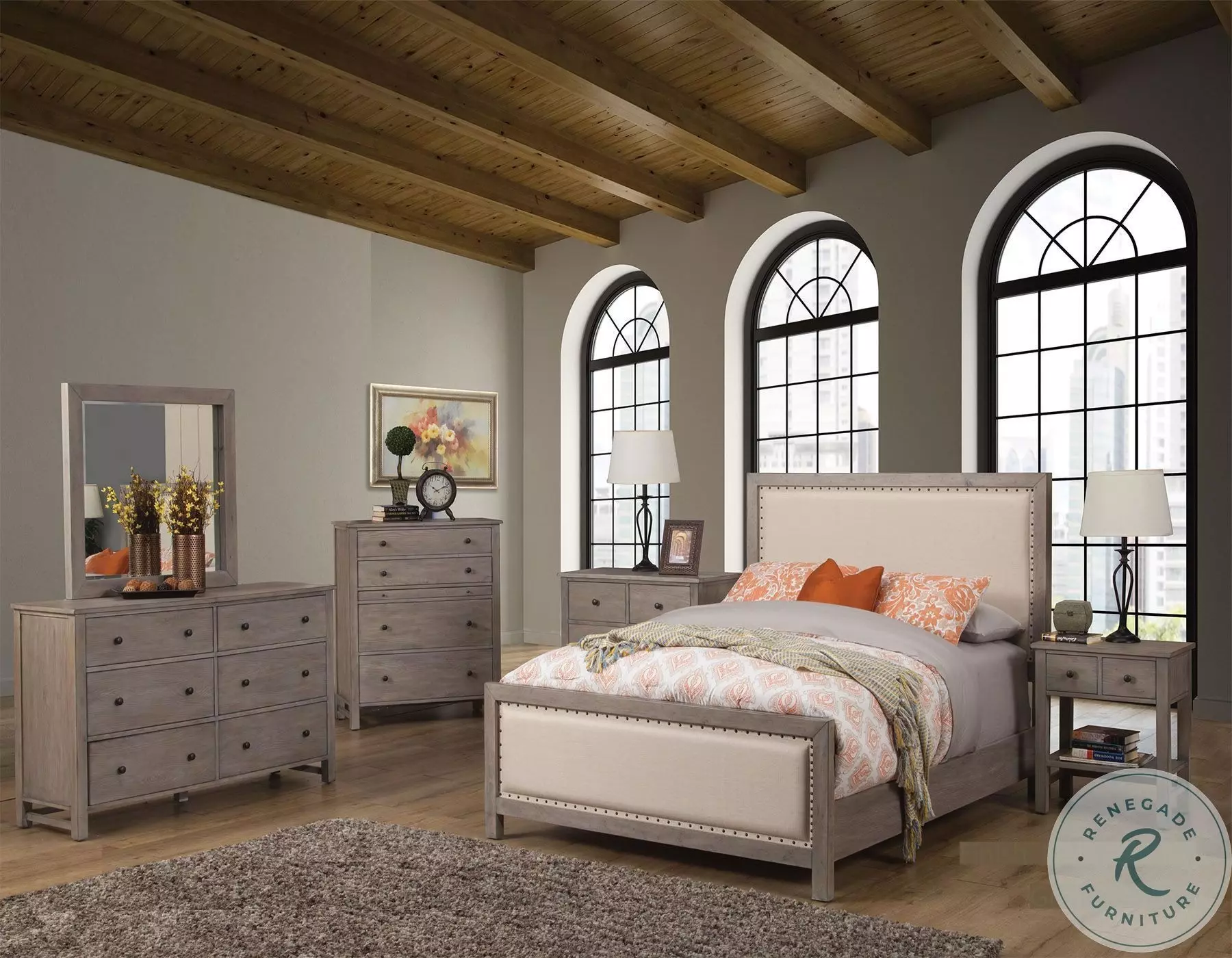 Classic Light Distressed Gray Upholstered Panel Bedroom Set From Home ...