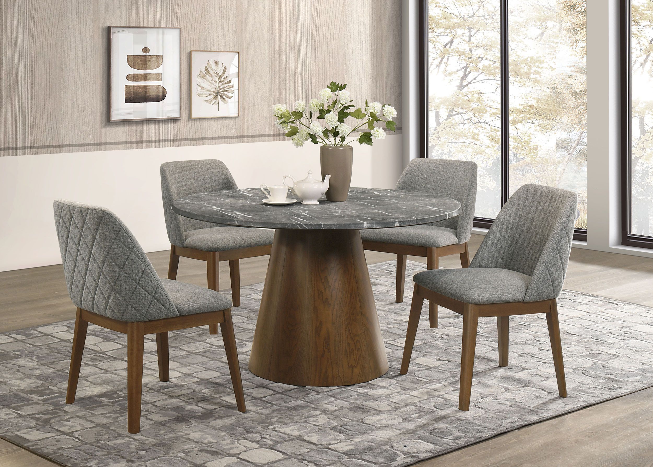 Franklin Gray and Dark Oak 50" Round Marble Top Dining Table From ...