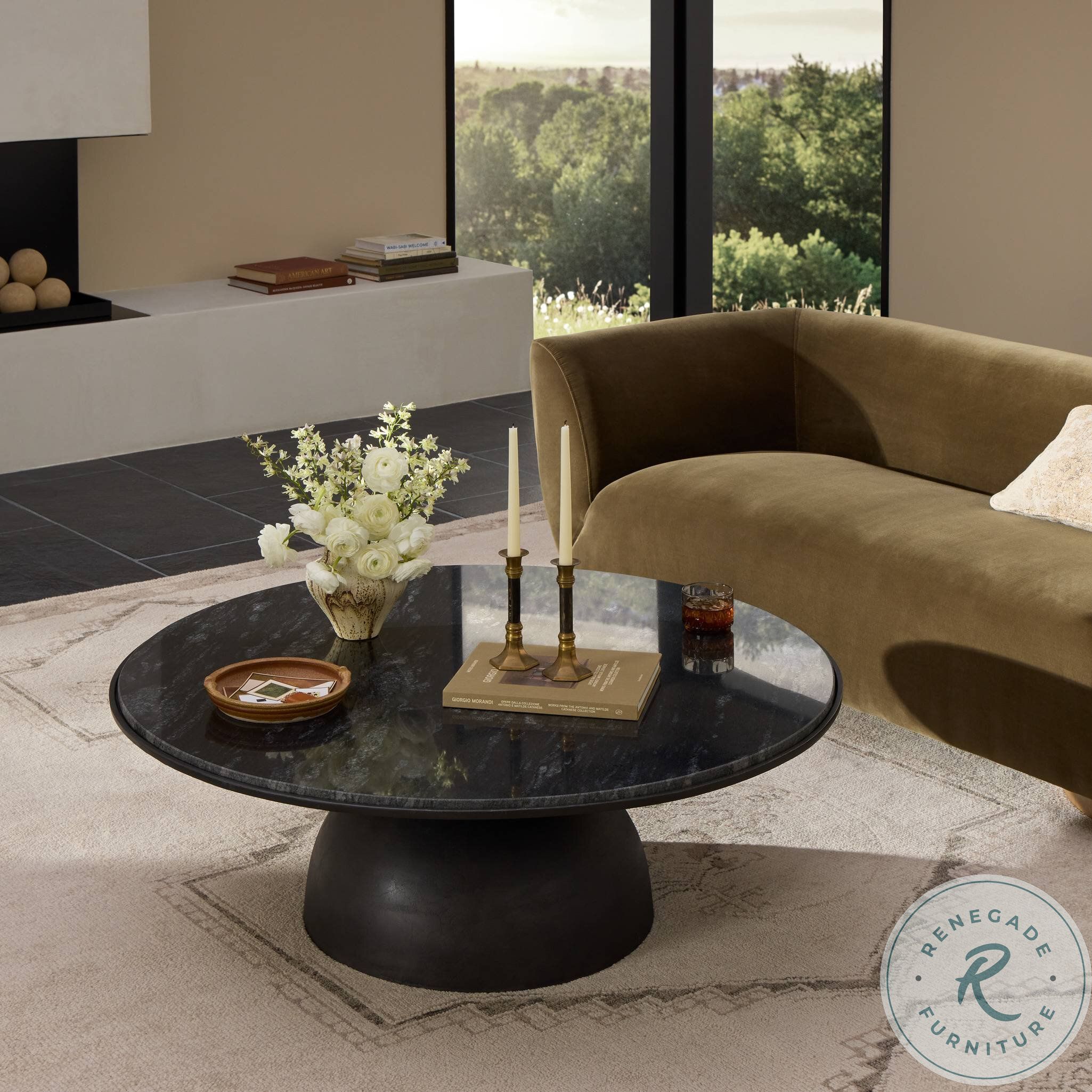 Corbett Polished Black Marble Large Round Occassional Table Set Four ...