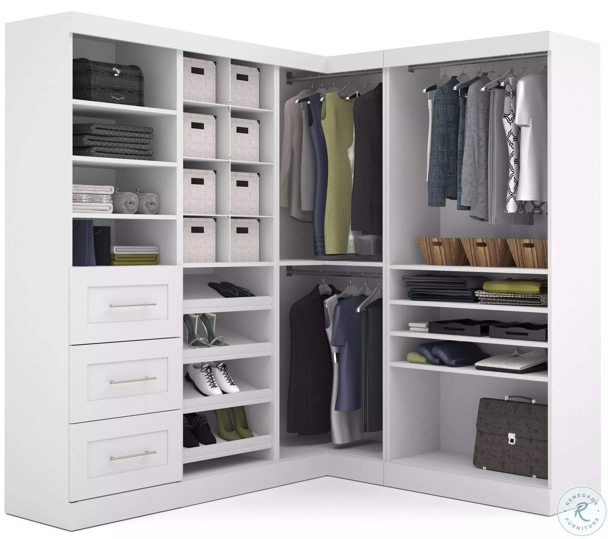 Pur White 82" Corner Open Storage Unit With 3 Drawers from Bestar ...