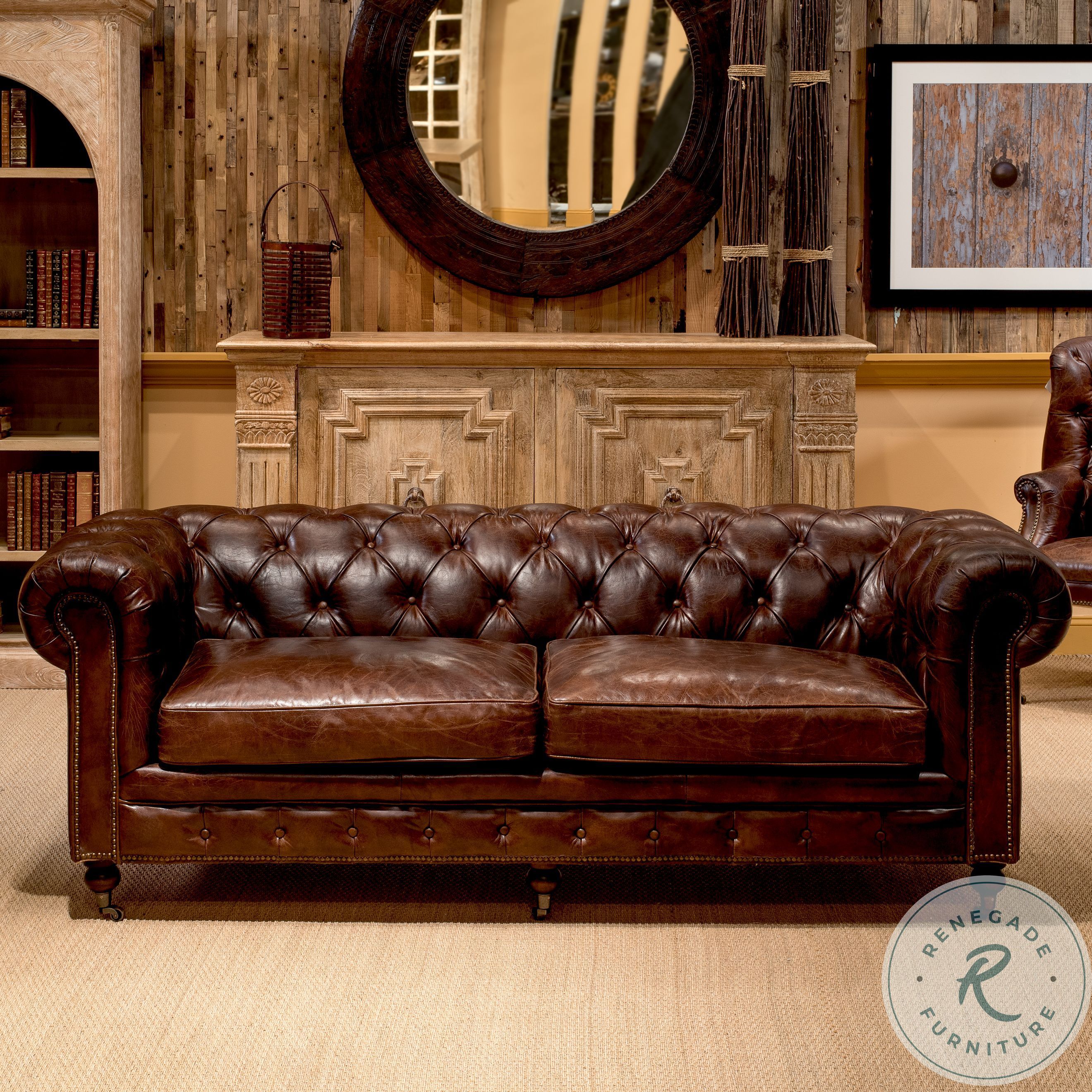 Chesterfield Brown Castered Leather Sofa from Sarreid | Coleman Furniture