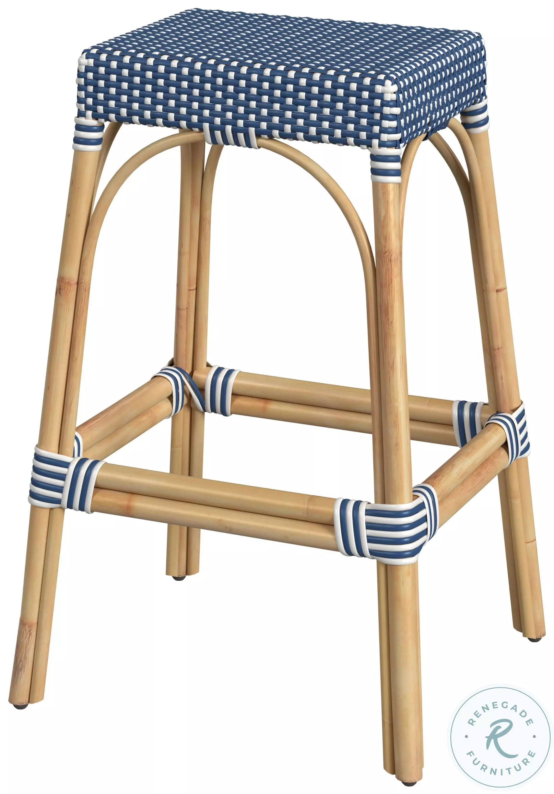 Tobias Blue And White Dot Rattan Bar Stool From Butler | Coleman Furniture