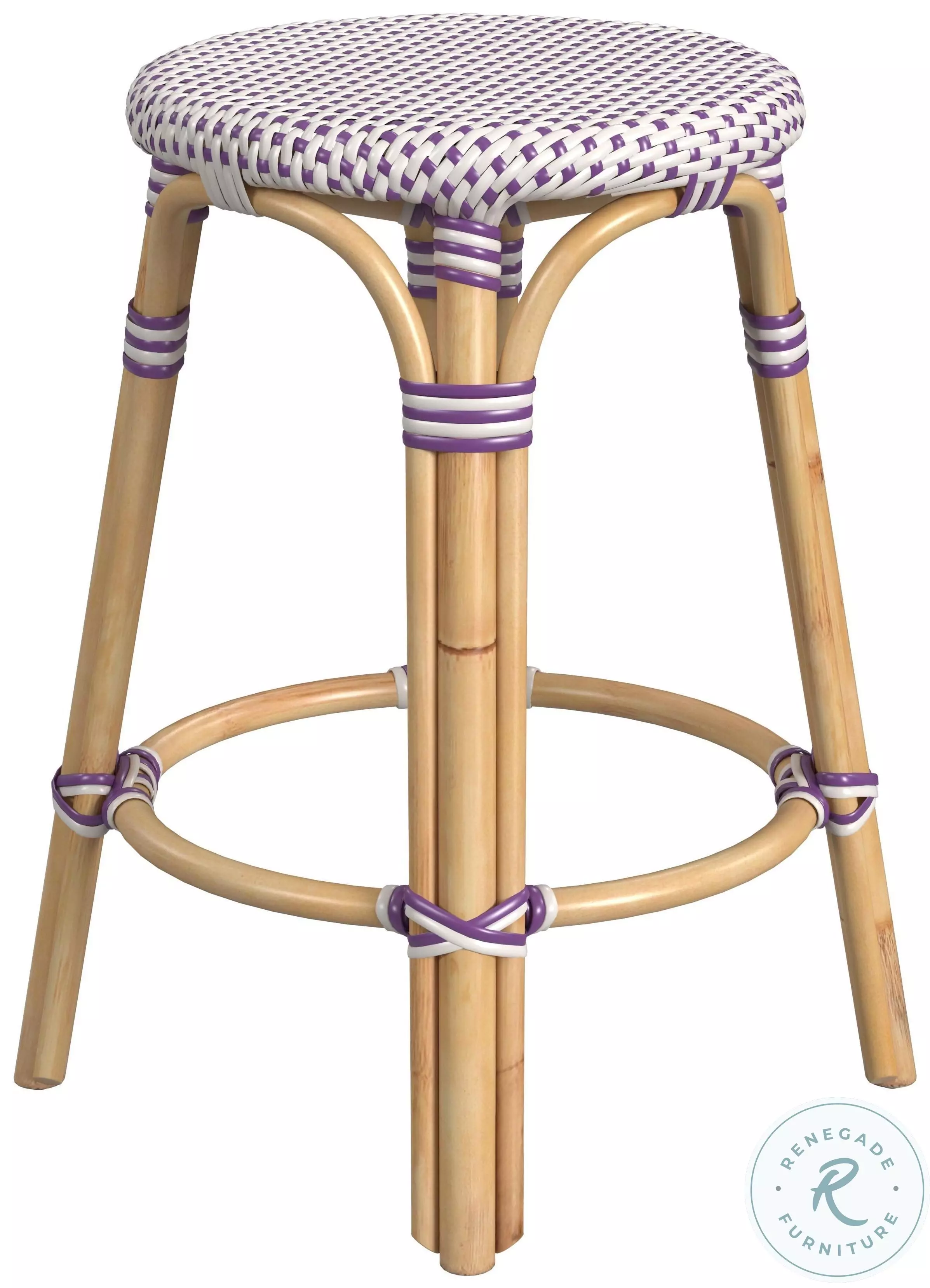 Tobias Distressed White and Purple Rattan 24 Round Counter Height Stool From Butler Home Gallery Stores
