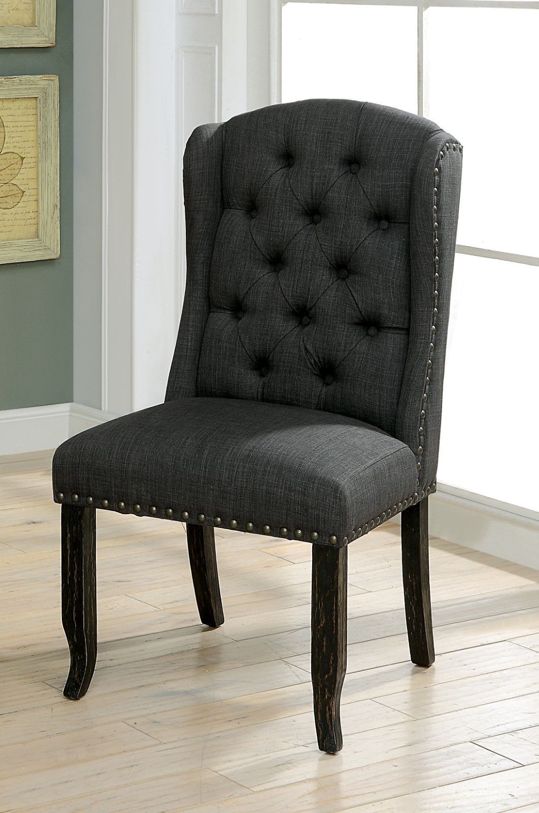 Sania Antique Black and Gray Upholstered Wingback Chair Set of 2 From ...