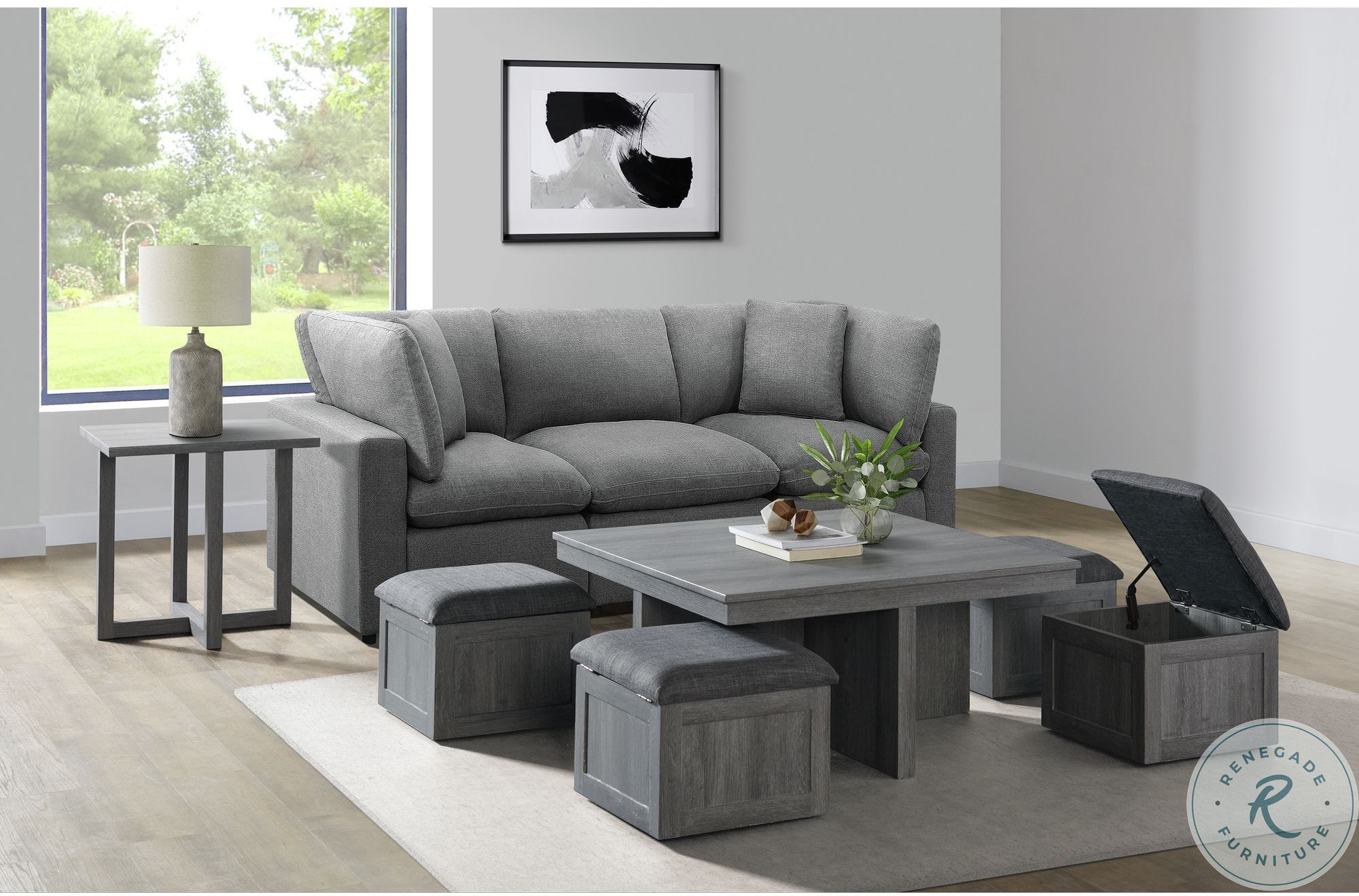 Dawson Light Grey Coffee Table with Four Storage Stools From Picket ...