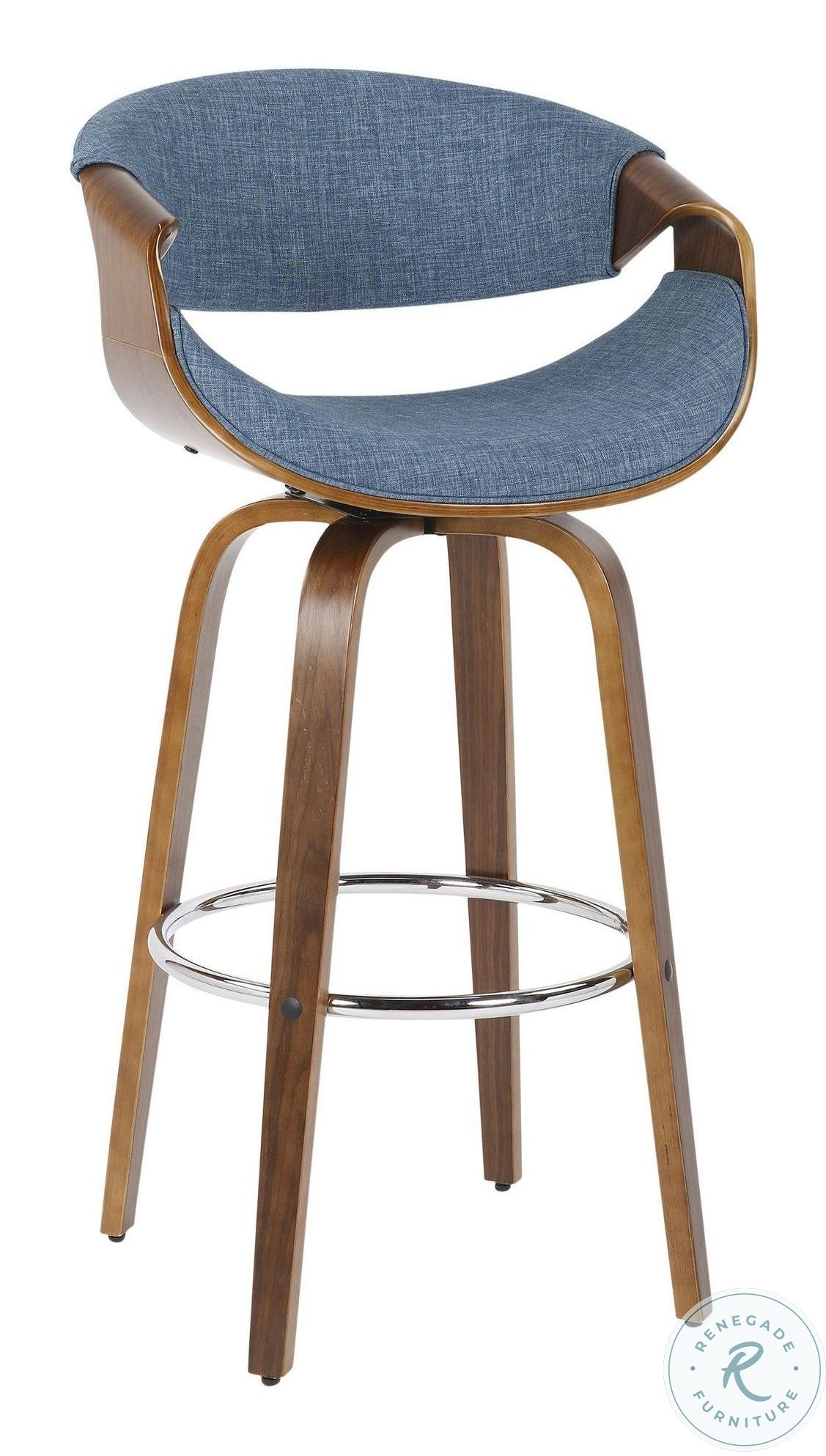 Curvini Walnut Wood and Blue Fabric Bar Stool Set of 2 From Lumisource ...