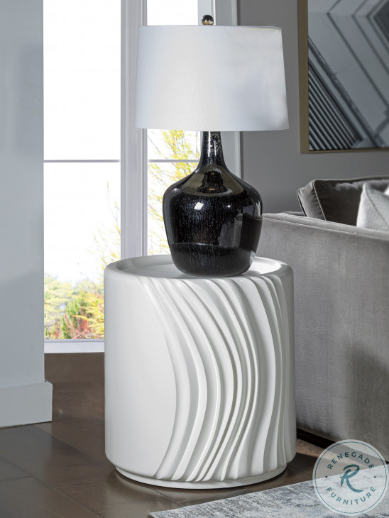 Signature Designs Matte Soft White Volante Round Drum End Table From ...