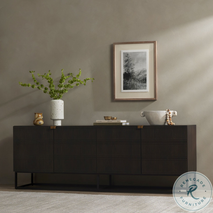 Kelby Carved Vintage Brown And Aged Brass Media Console from Four Hands | Coleman Furniture