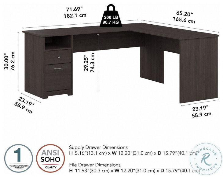Bush Furniture Cabot 72W L Shaped Computer Desk with Drawers Heather Gray