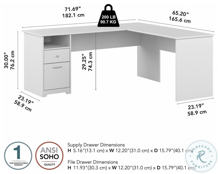 Cabot White 72" L Shaped Computer Desk with Drawers From Bush Furniture ...