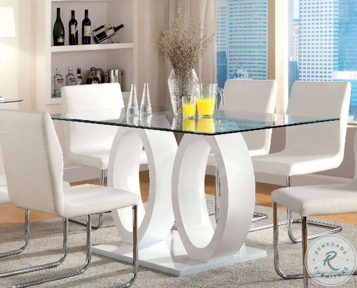 Lodia I White Glass Top Rectangular Pedestal Dining Table ...