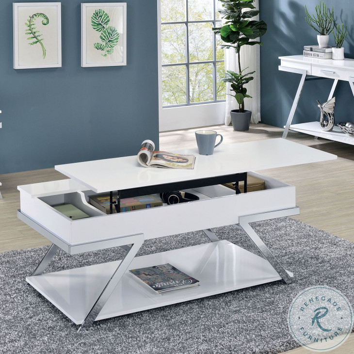 Titus White And Chrome High Gloss Lift Top Cocktail Table From ...