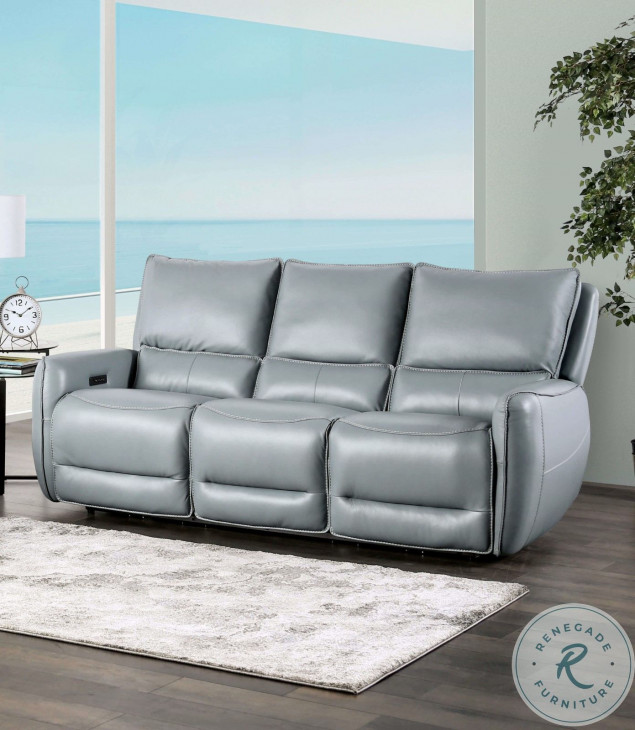 Phineas Pale Blue Power Reclining Sofa From Furniture of America ...