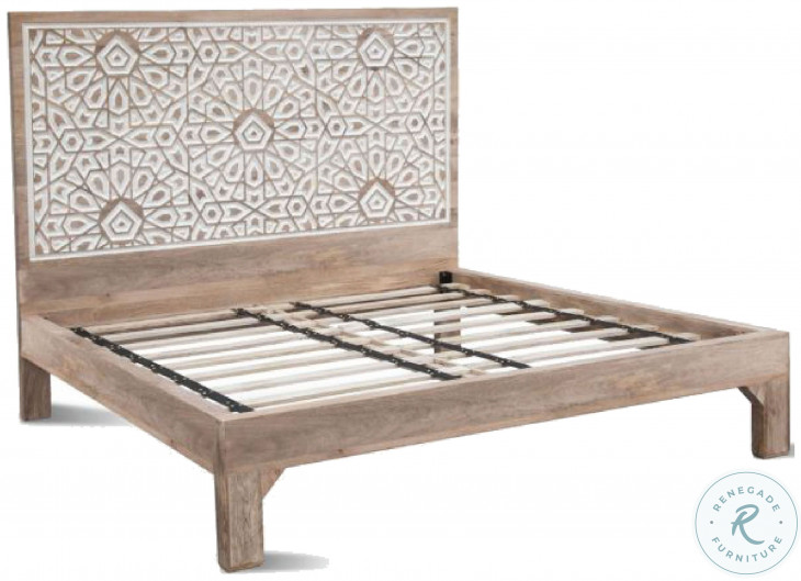 Haveli Natural White Geometric Carved Queen Platform Bed From World ...