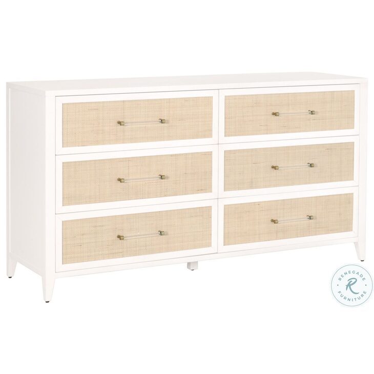 Holland Matte White And Natural Rattan 6 Drawer Double Dresser From ...