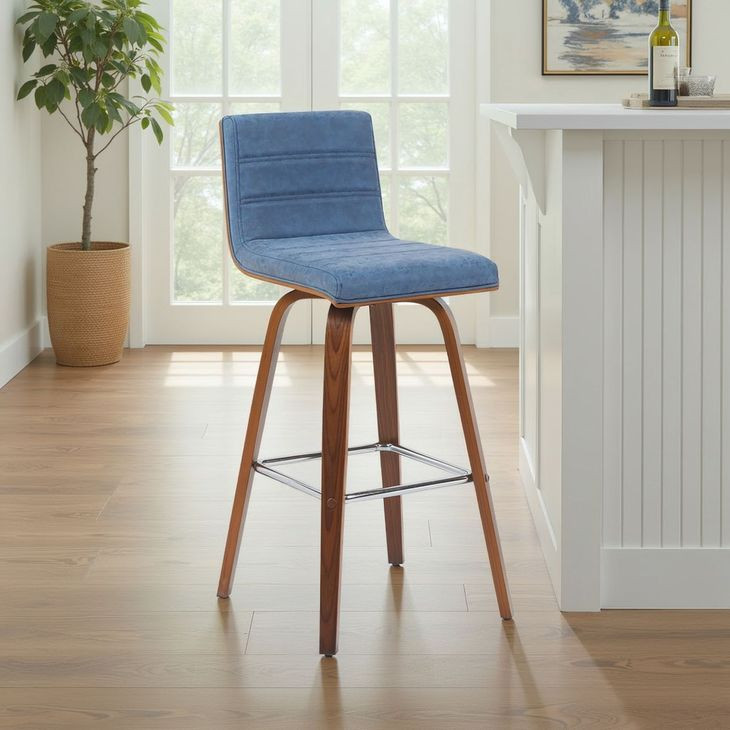 Vienna Walnut and Vintage Blue Upholstered Swivel Bar Stool from Armen ...
