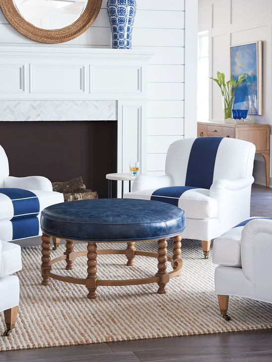 Naples Blue Leather Upholstered Cocktail Ottoman from Barclay Butera ...