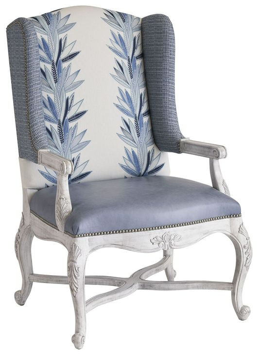 Patras Blue and Gray Leather Upholstered Wing Chair with Nailhead Trim ...