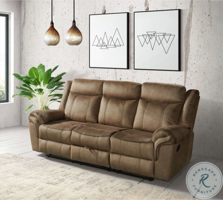 Tasso Sorrento Brown Reclining Sofa with Drop Down Table From Picket ...