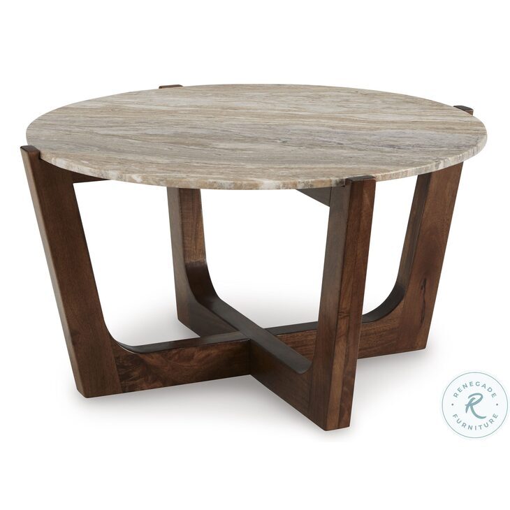 Tanidore Natural Marble And Warm Brown Round Cocktail Table From Ashley ...