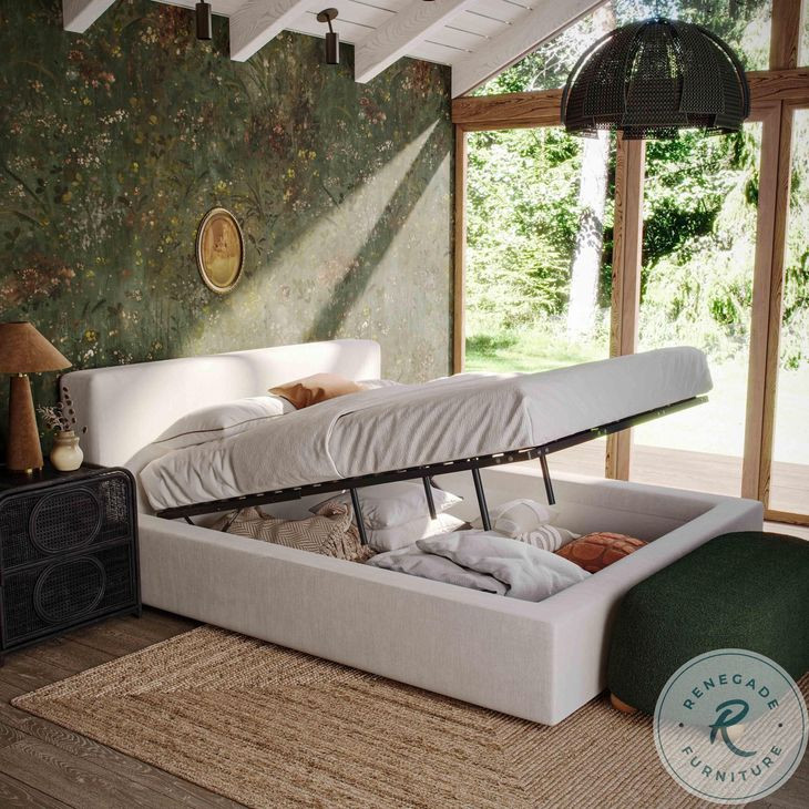 Meena Cream Upcycled Linen Upholstered Panel Sorage Bedroom Set From ...