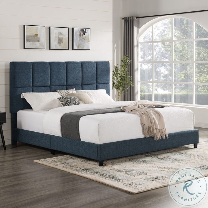 Bridger Navy Blue Denim Squares King Upholstered Platform Bed From Home ...