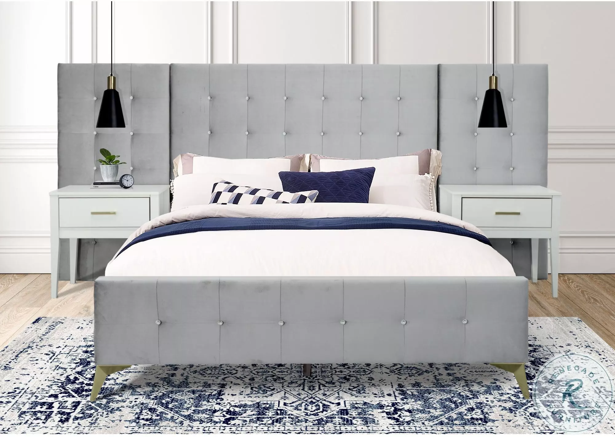 Mila Emma Silver Gray Queen Upholstered Wall Panel Bed with Nightstand ...
