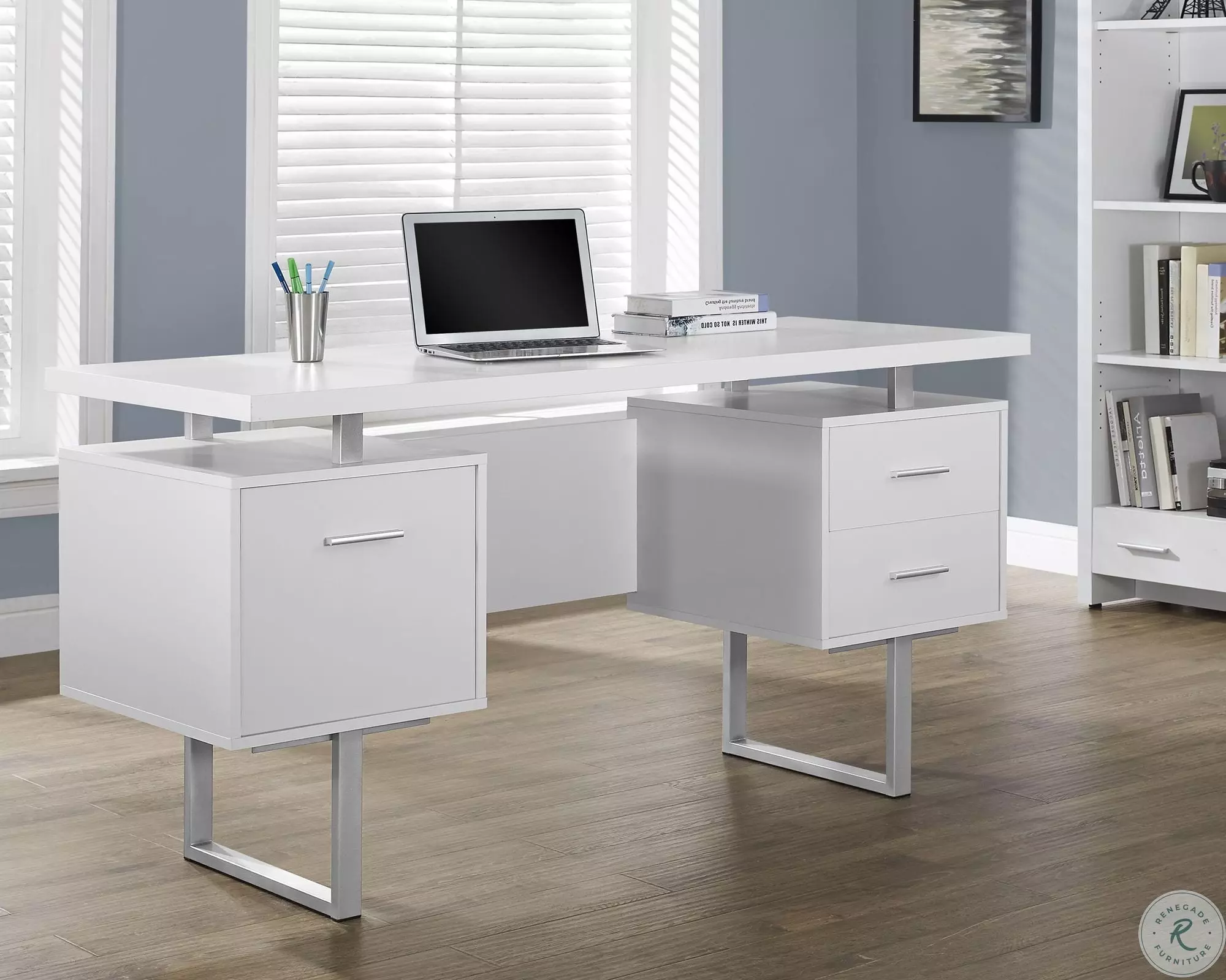 White Hollow-Core/Silver Metal Office Desk from Monarch (7081 ...