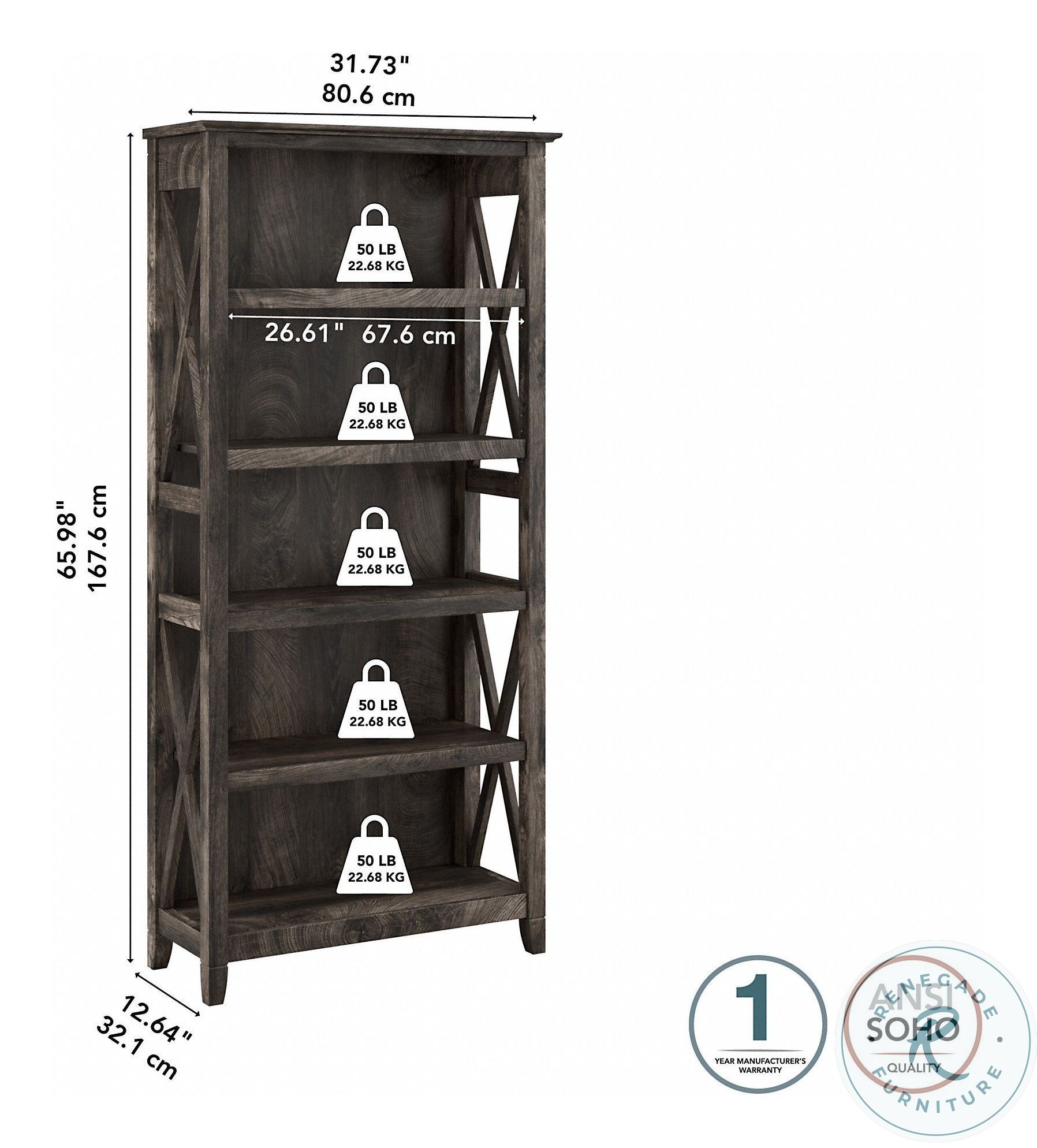 Key West Dark Gray Hickory 5 Shelf Tall Bookcase From Bush Furniture ...