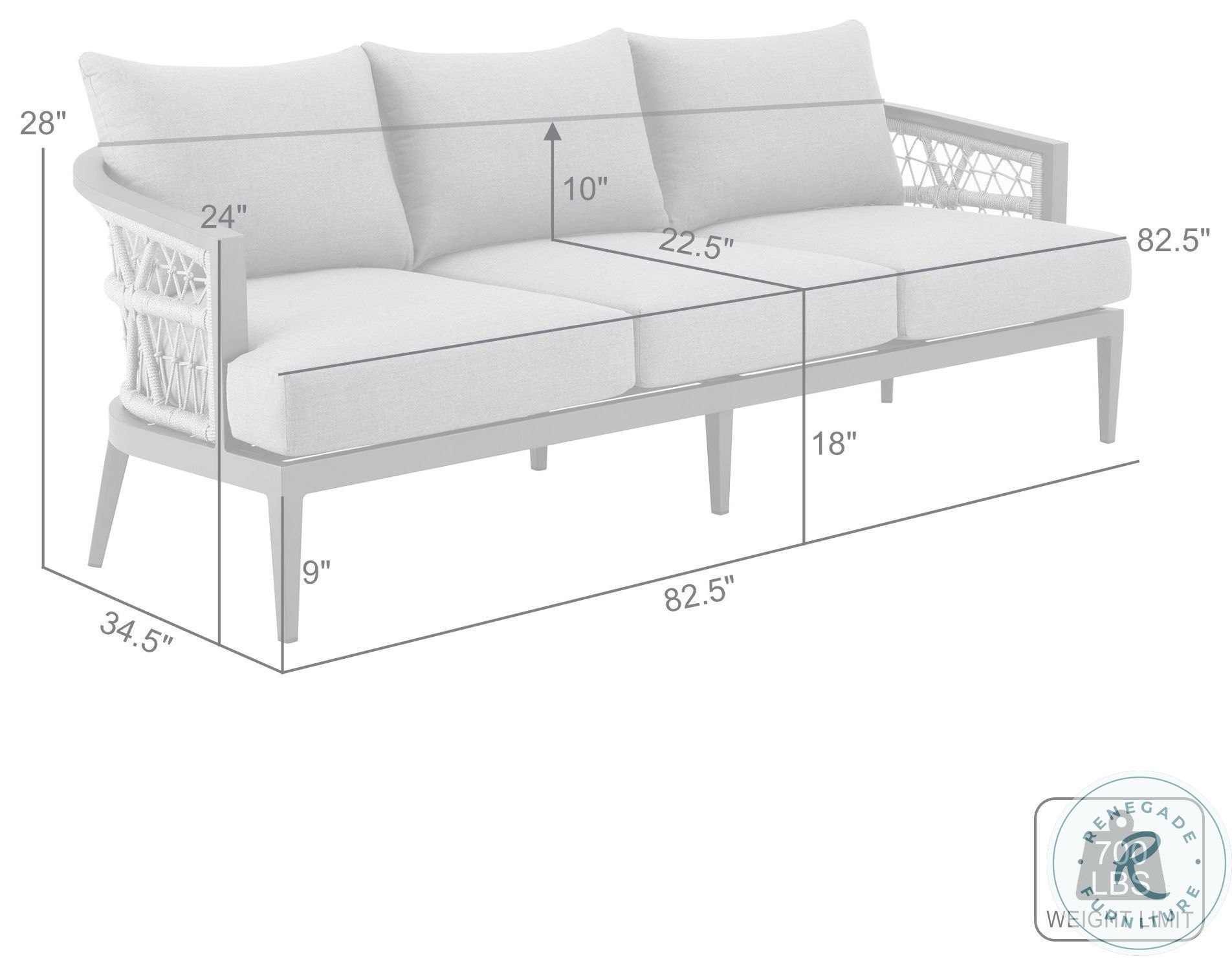 Armen Living Zella Outdoor Patio Sofa in Aluminum with Light Gray Rope and Earl Gray Cushions