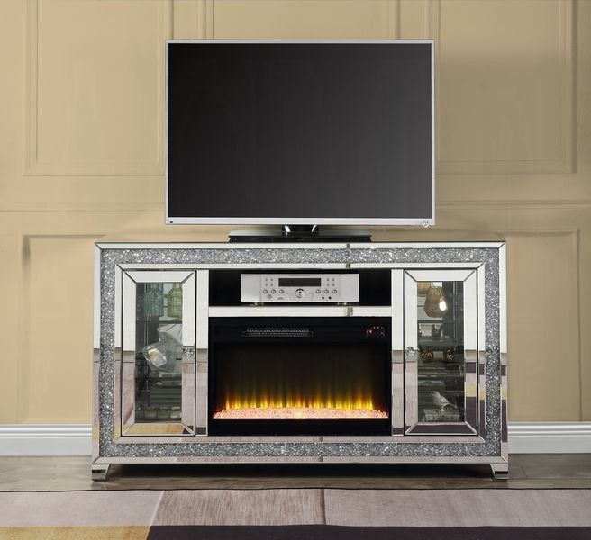 Noralie Mirrored Silver and Gray 59" TV Stand with Fireplace and LED ...