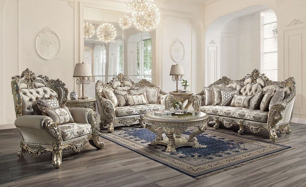 Danae Champagne and Gold Living Room Set with Pillows and Nailhead Trim ...