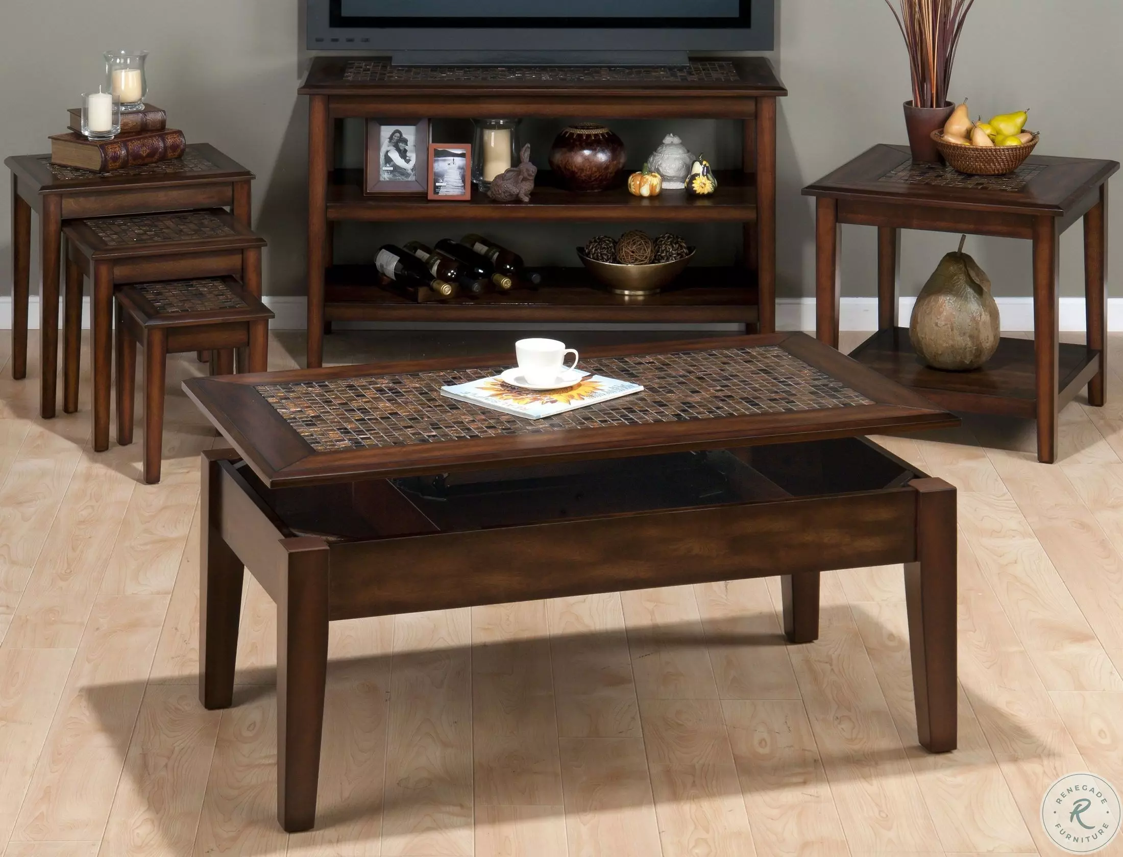 Baroque Brown Mosaic Tile Inlay Lift Top Cocktail Table ...