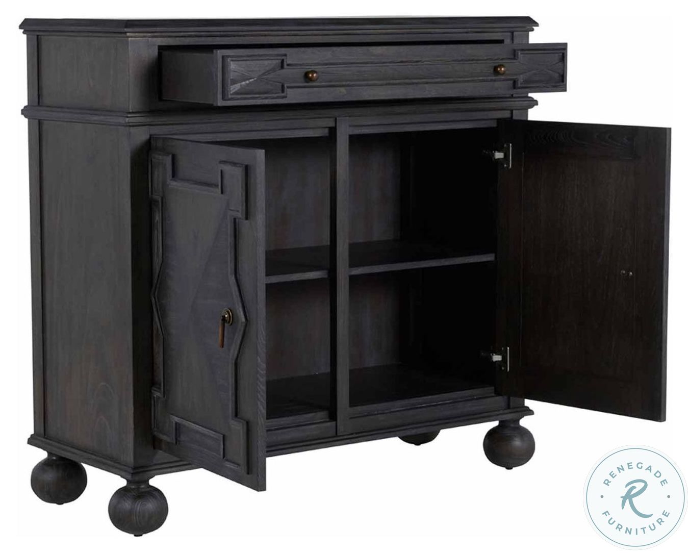 Ezekiel Cerused Forest Black Cabinet From A traditional style cabinet with an antique vibe gets a modern twist with a geometric faceted front design. Round bun feet add a classic finish. Available