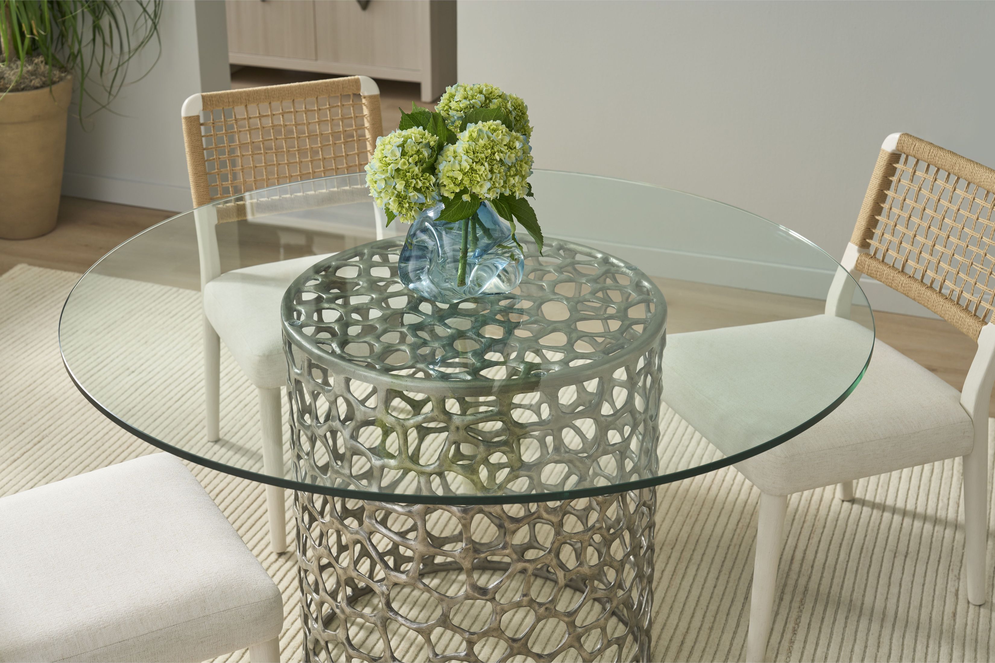 Azure Antique Nickel 54" Round Glass Top Dining Table from Shoreline ...