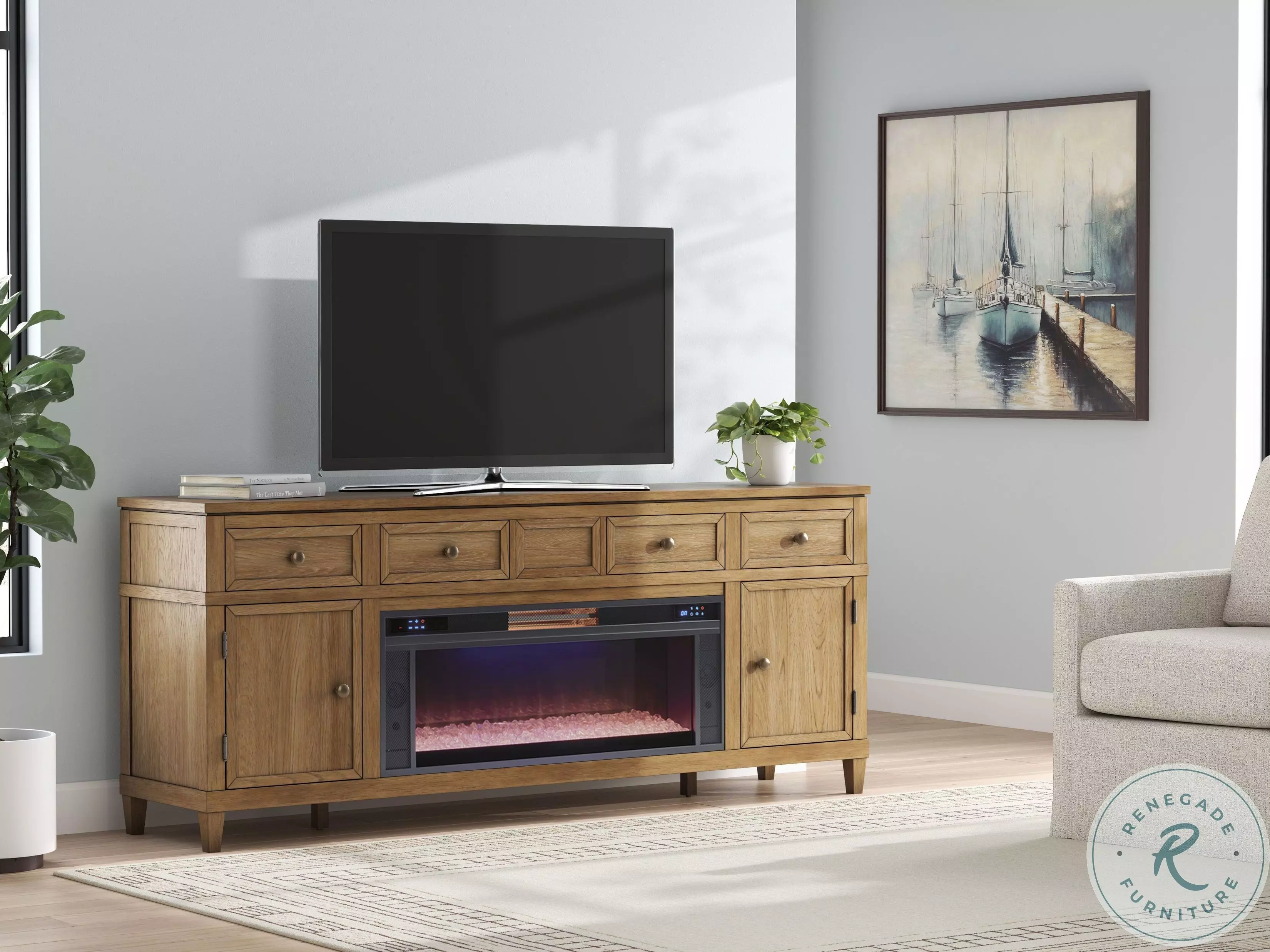 Sharlance Light Brown TV Stand with Electric Fireplace From Home ...